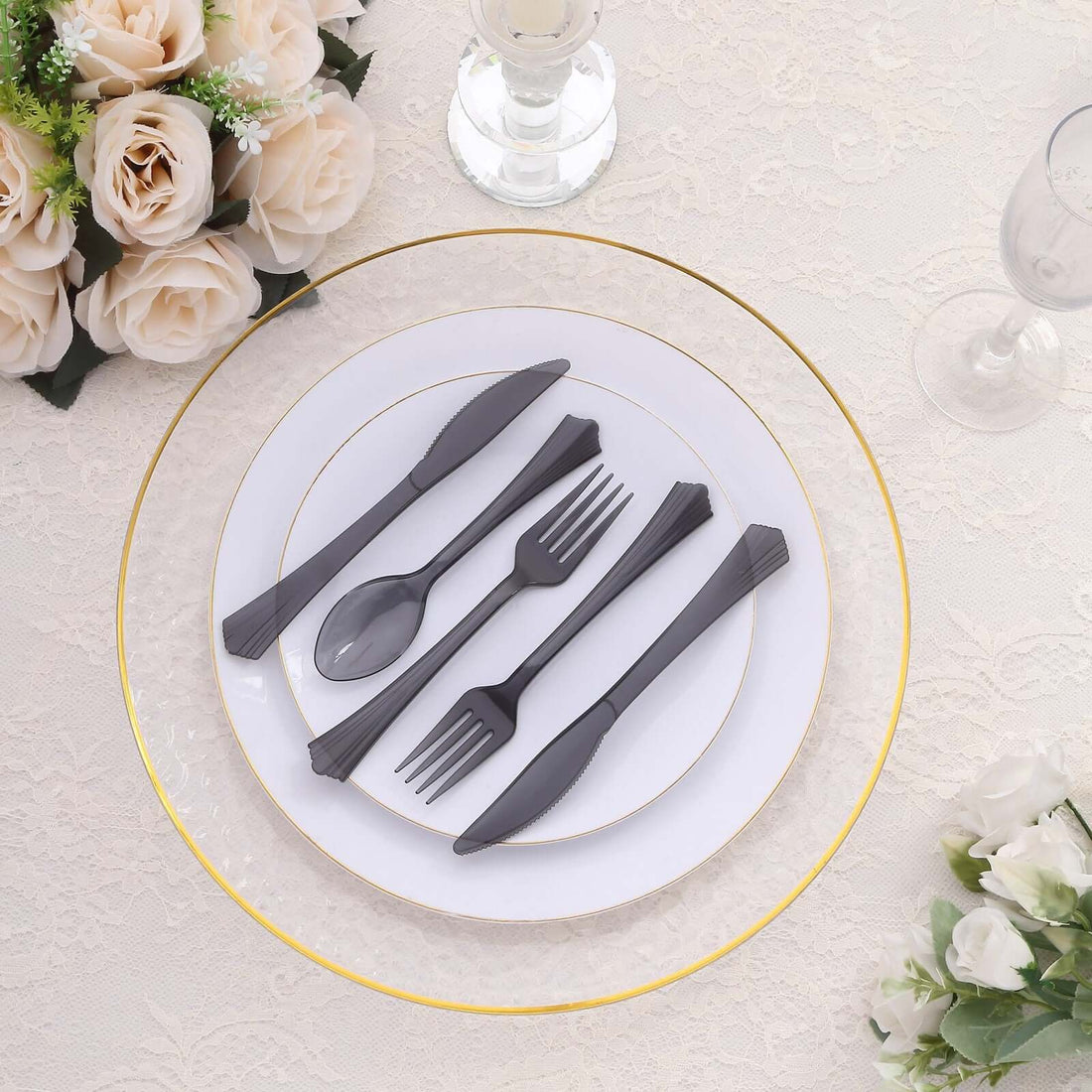 Plastic Silverware Set 7" Fan Flared Transparent Black | eFavormart