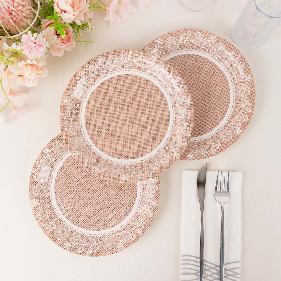 Paper Round Dinner Plates 9" Natural Burlap Print | eFavormart