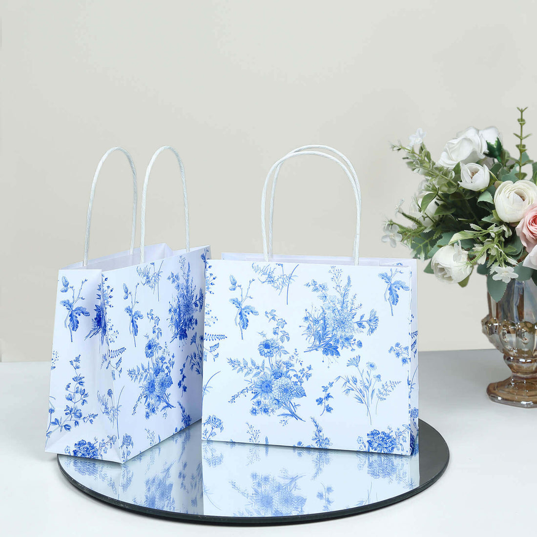 White Blue French Toile Paper Gift Bags | eFavormart