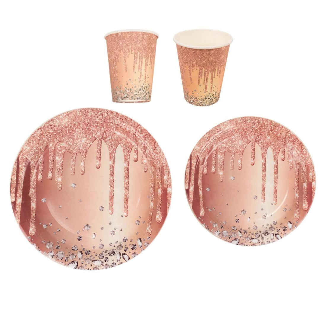 72pc Paper Dinnerware Set Glitter Drip Rose Gold | eFavormart