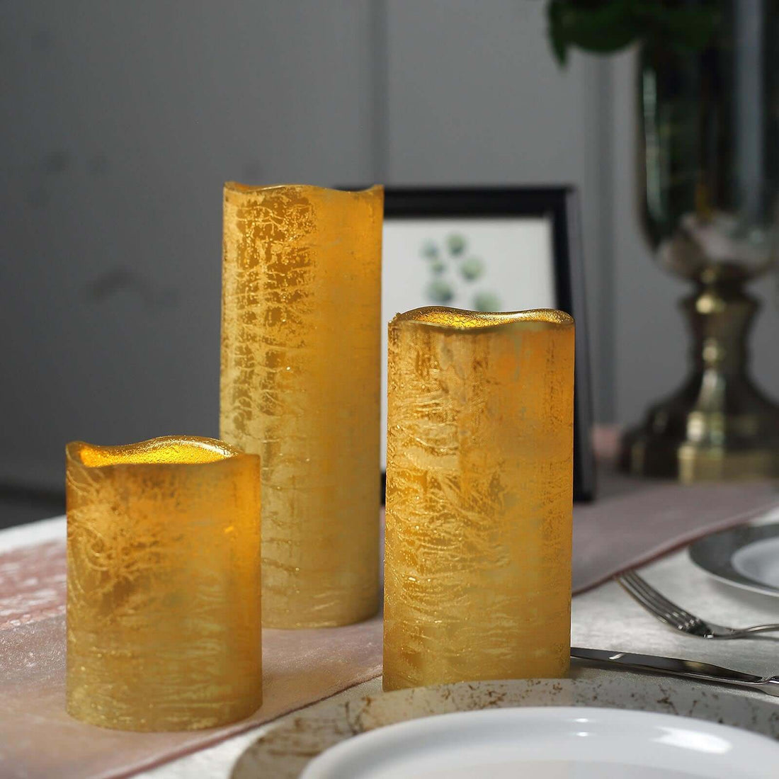 LED Pillar Candles Metallic Gold 4", 6", 8" | eFavormart