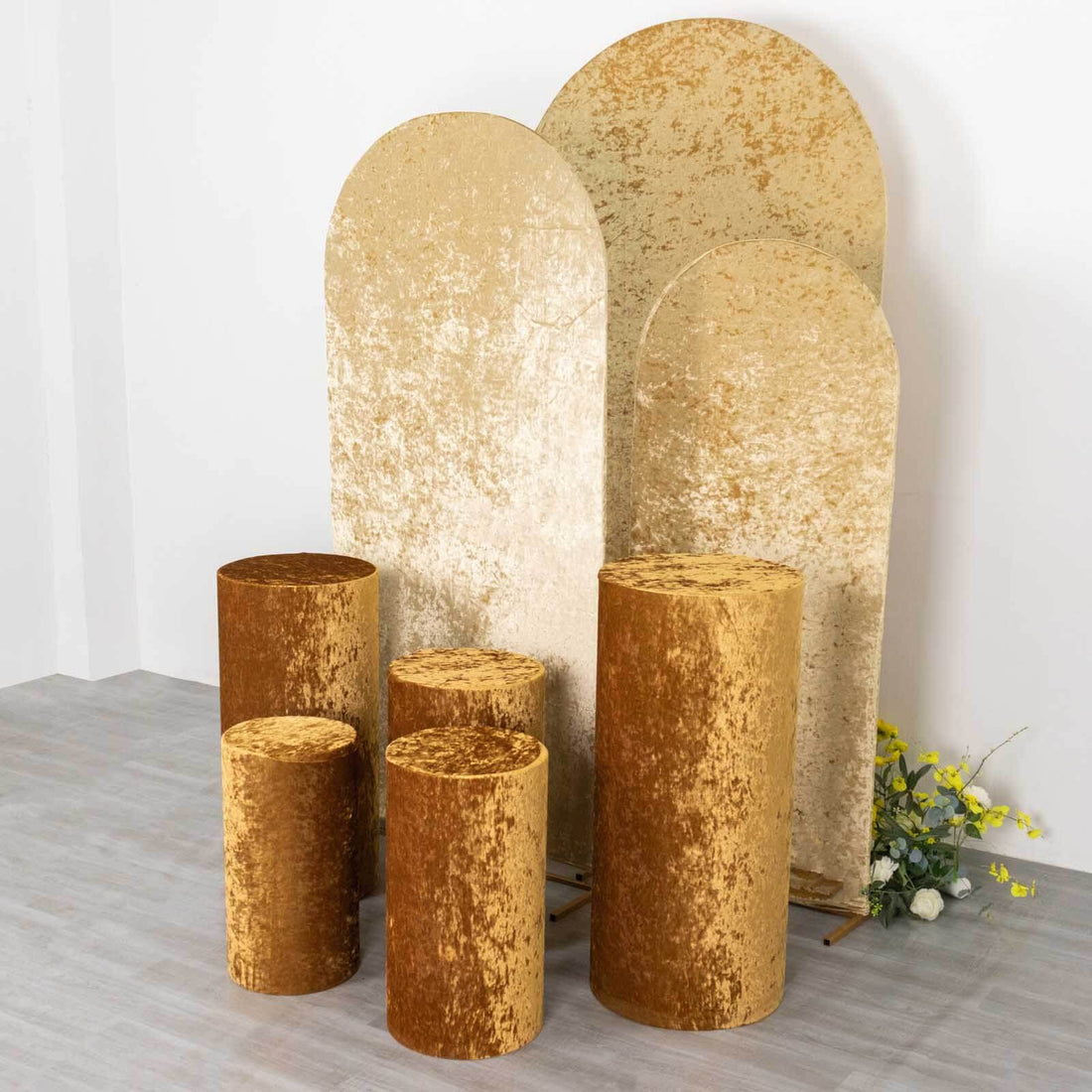 5 Gold Crushed Velvet Cylinder Pillar Prop Covers | eFavormart