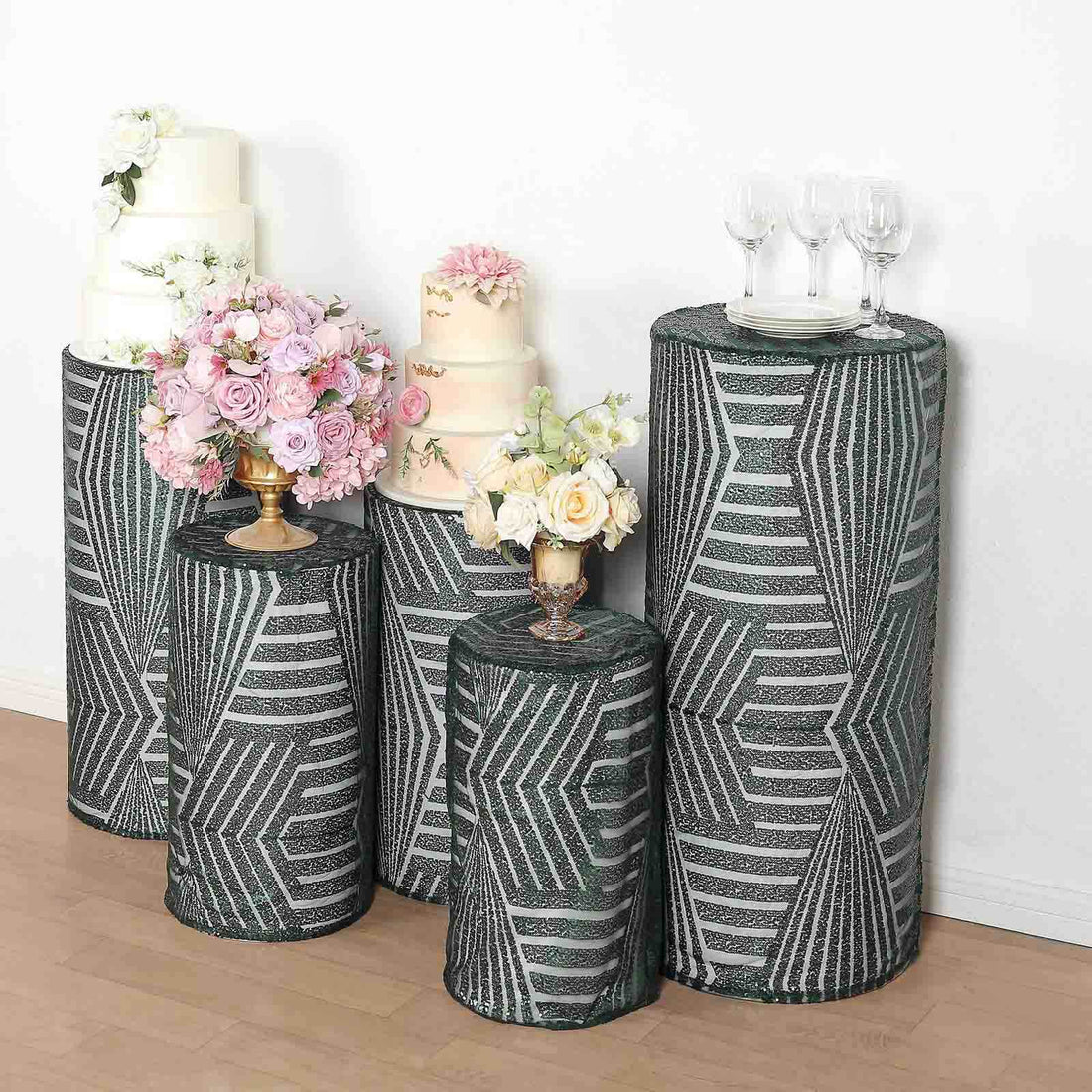 5 Green Sequin Mesh Cylinder Pillar Prop Covers | eFavormart