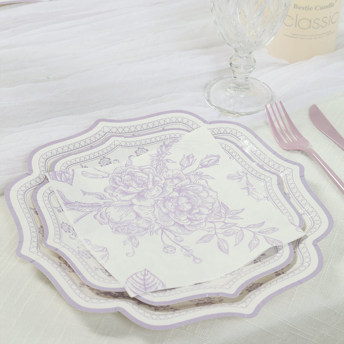 50 Pack White Lavender French Toile Napkins | eFavormart