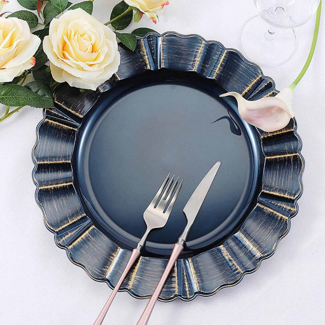 Acrylic Charger Plates 13" Navy Blue Gold Scalloped Rim | eFavormart