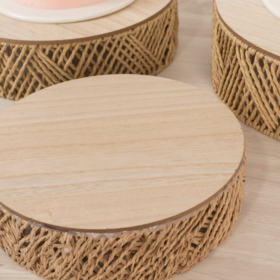 Set of 3 Jute Rattan with Wooden Top Cake Stands Natural | eFavormart