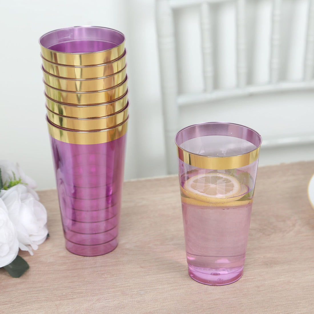 Plastic Party Cups 17oz Transparent Purple with Gold Rim | eFavormart