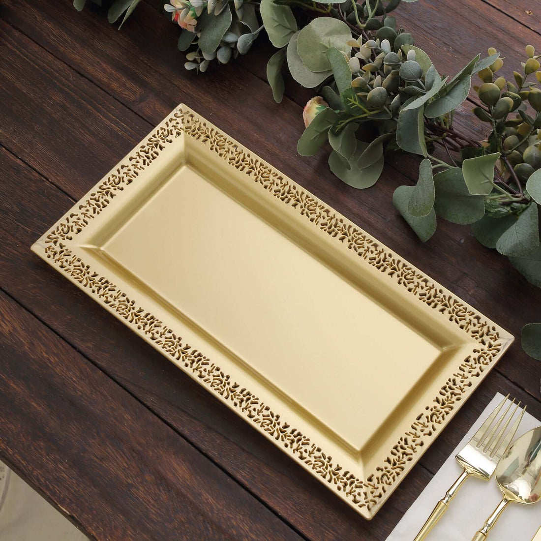 Rectangle Serving Trays Gold with Lace Rim 14" | eFavormart