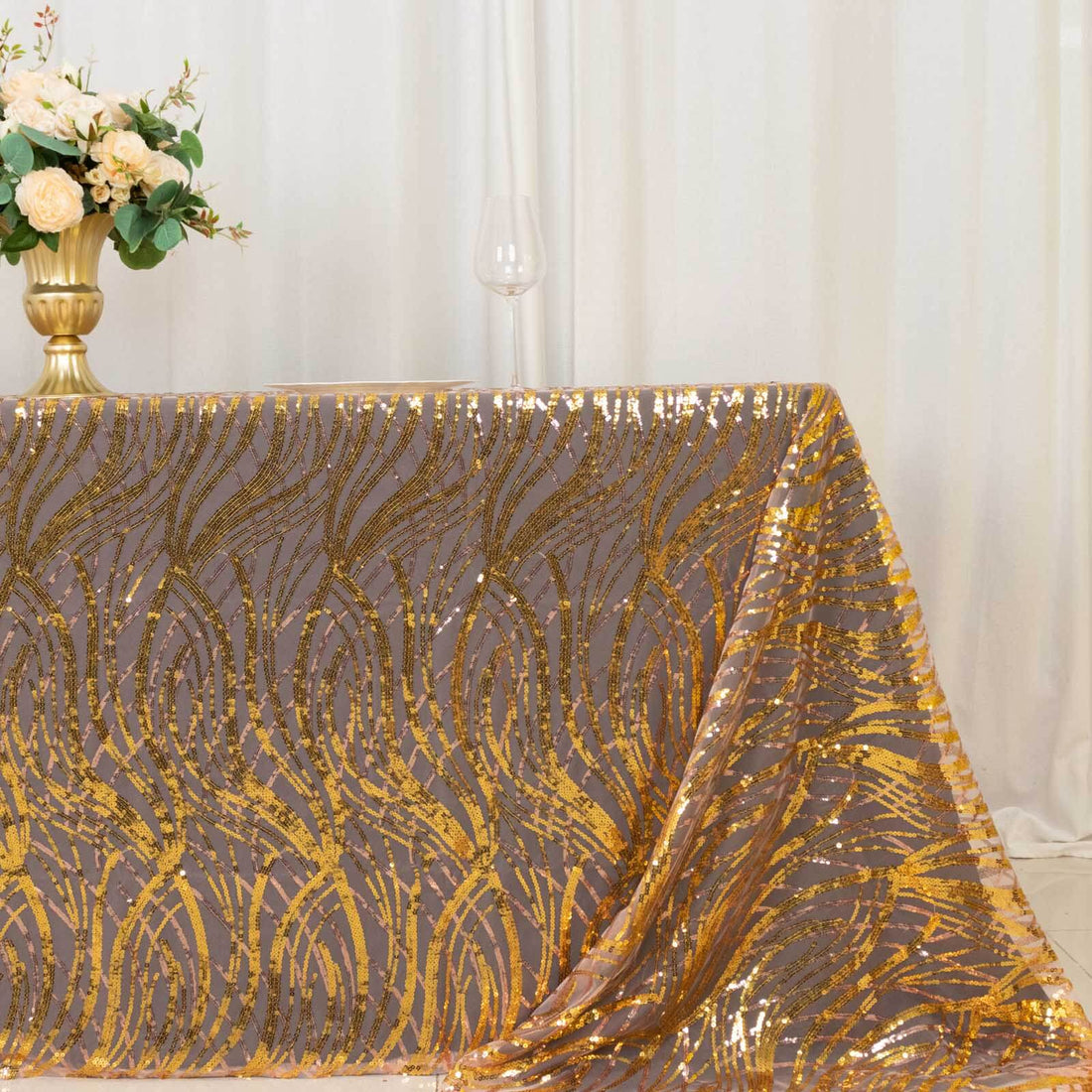 Sequins Tablecloth 90"x156" Rose Gold/Gold | eFavormart