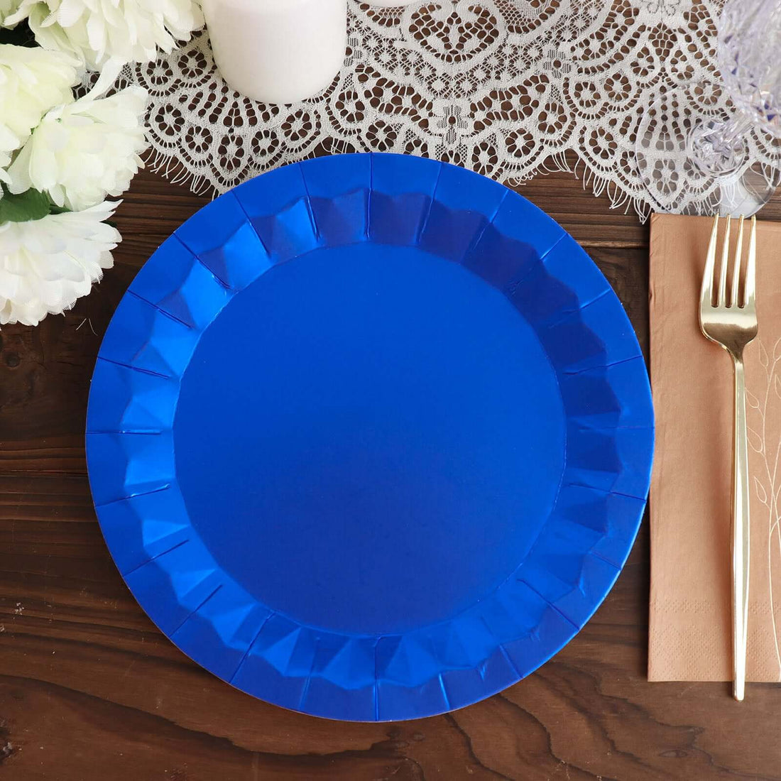 Paper Round Geometric Dinner Plates 9" Royal Blue | eFavormart