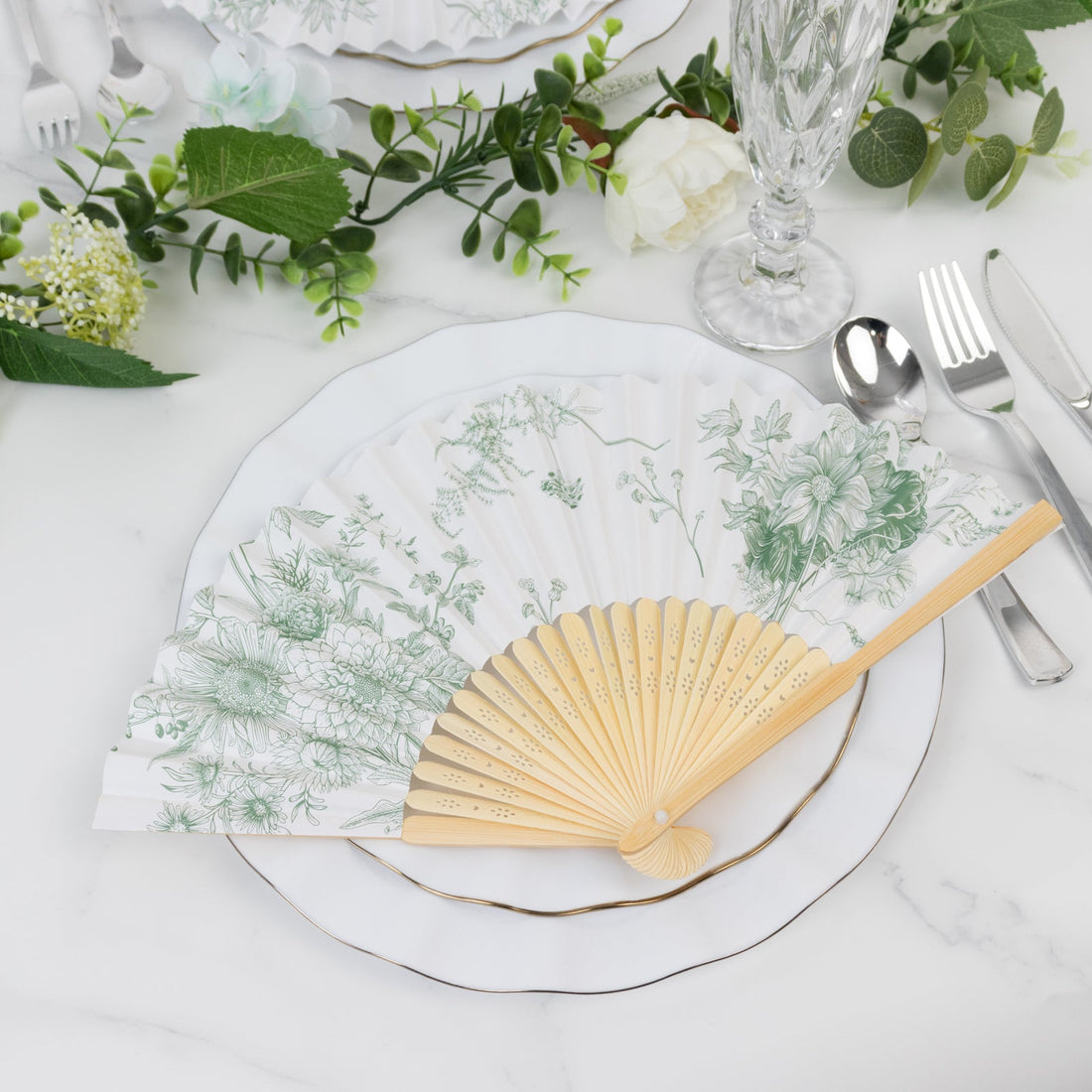 5-Pack White & Sage Green Paper Folding Fans | eFavormart