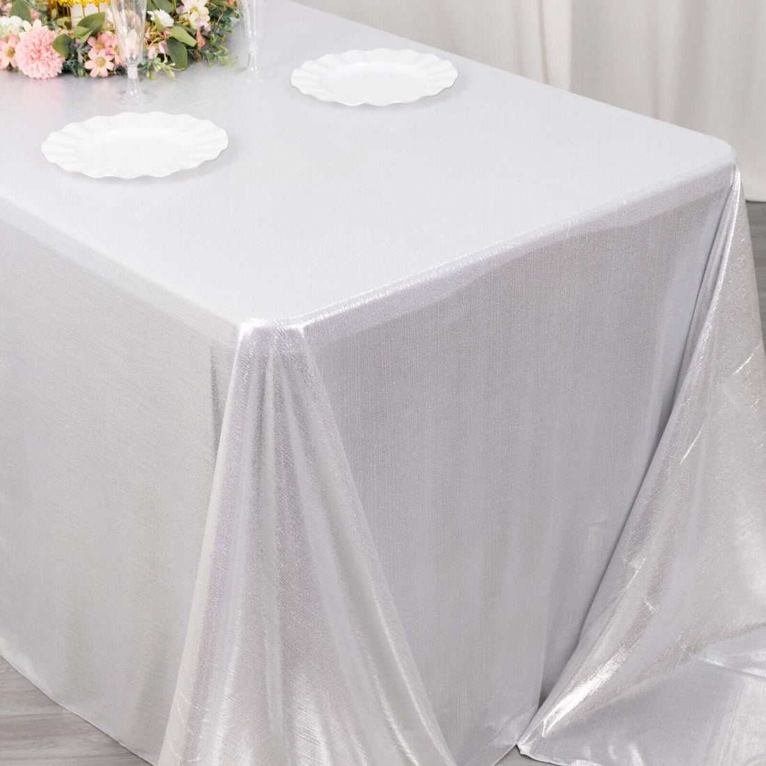 Sequin Dots Tablecloth 90"x132" Silver | eFavormart