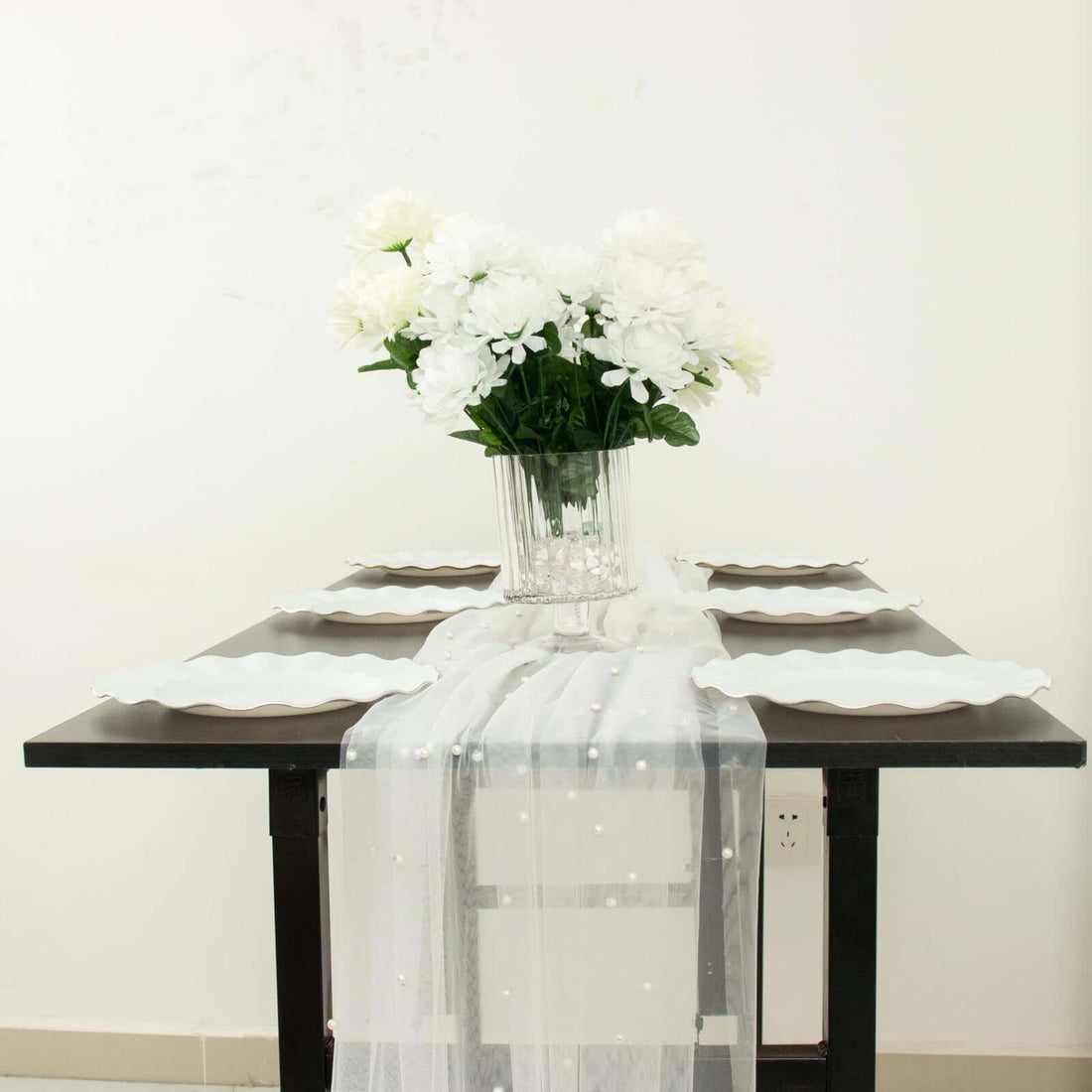 Pearl Embellished Tulle Table Runner 8"x120" White | eFavormart
