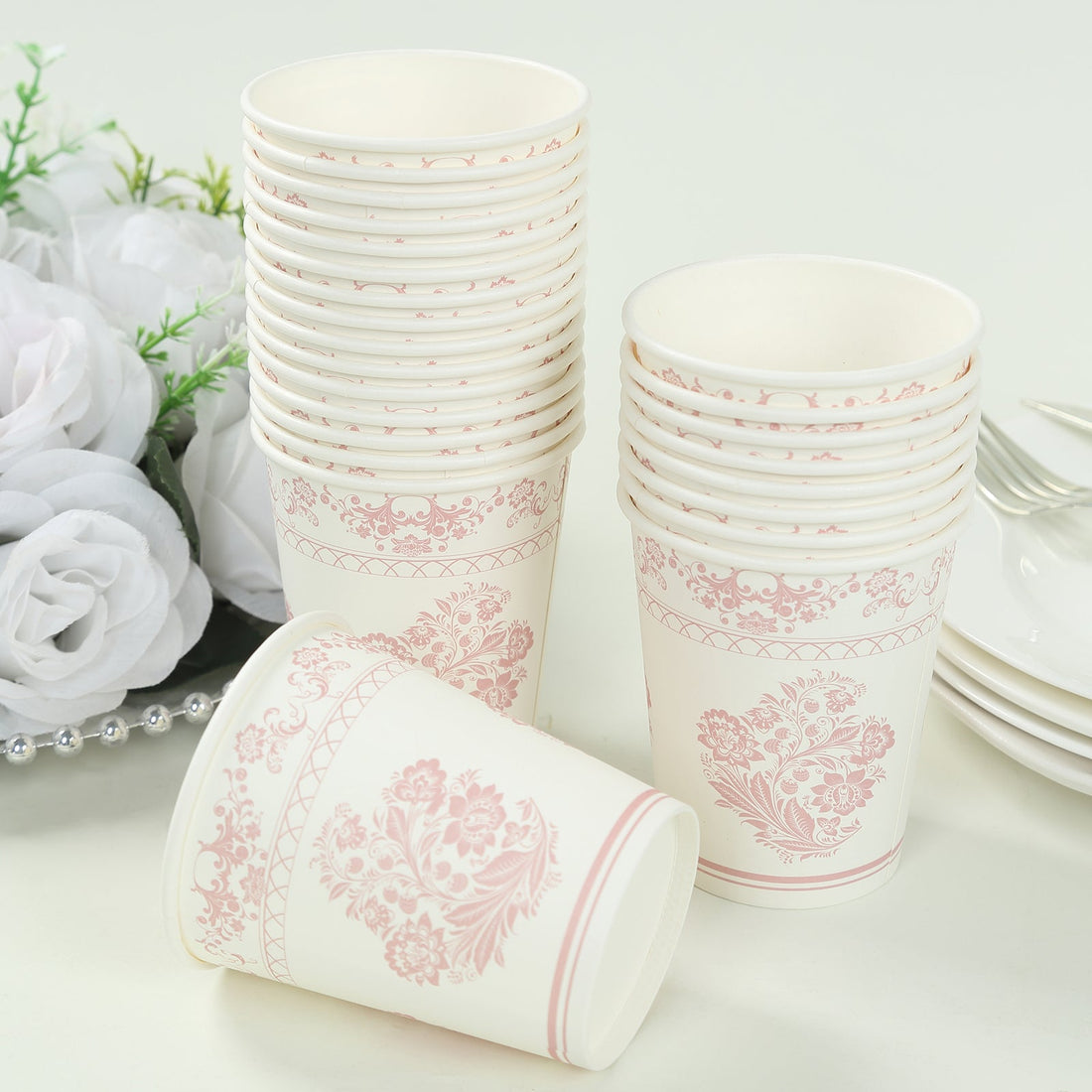French Toile Paper Cups 9oz White/Pink | eFavormart