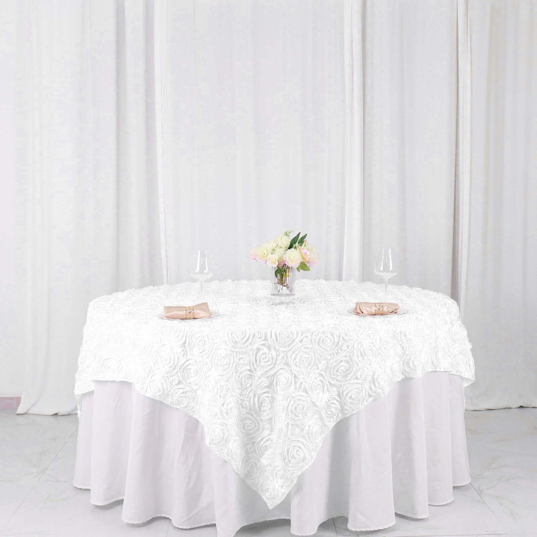 Rosette Satin Table Overlay 72"x72" White | eFavormart