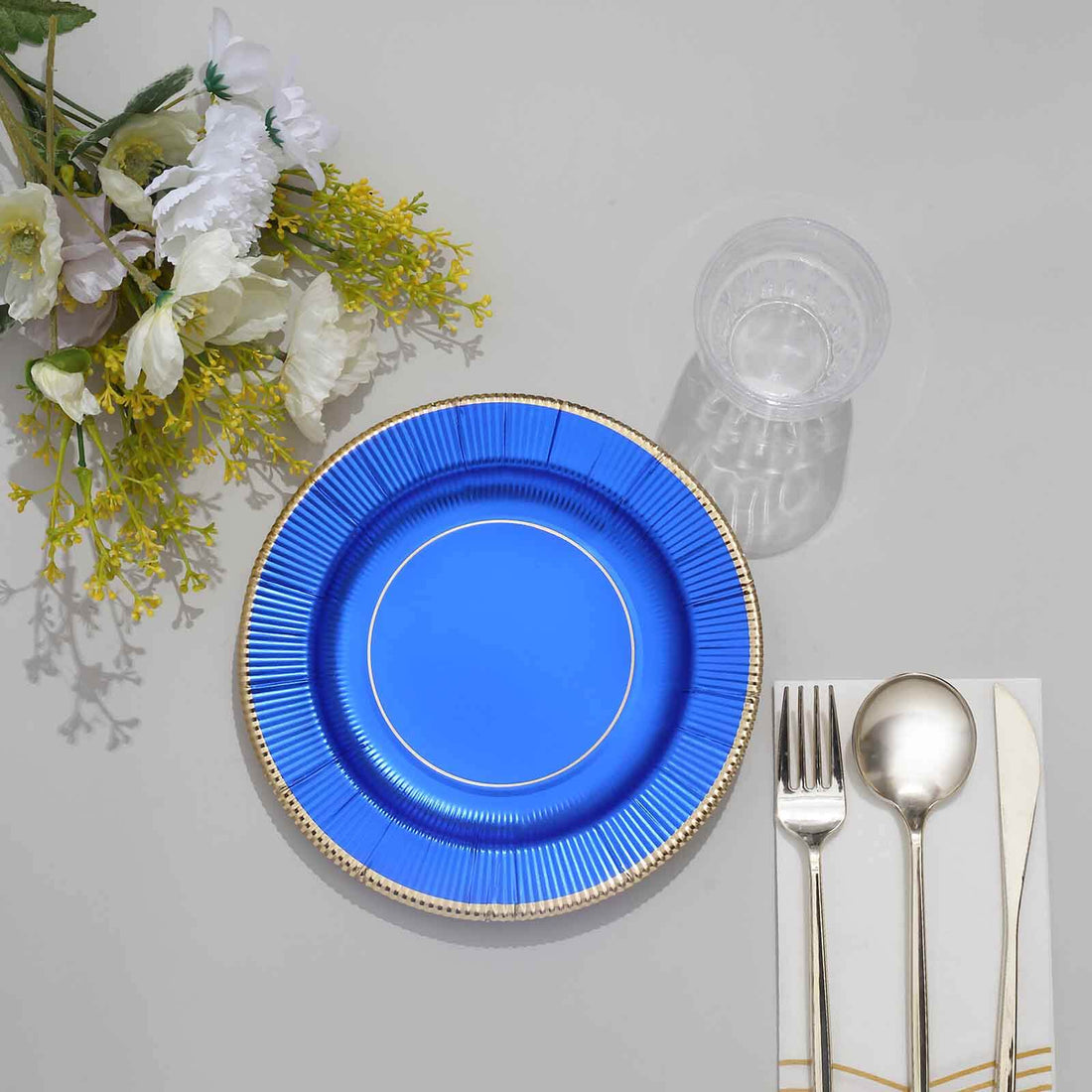 25pk Paper Dessert Plates Sunray Gold Rim Blue | eFavormart