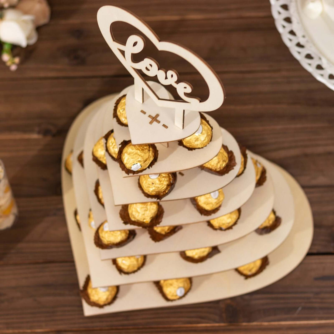 7-Tier Heart Wooden Chocolate Display Stand Natural 16" | eFavormart