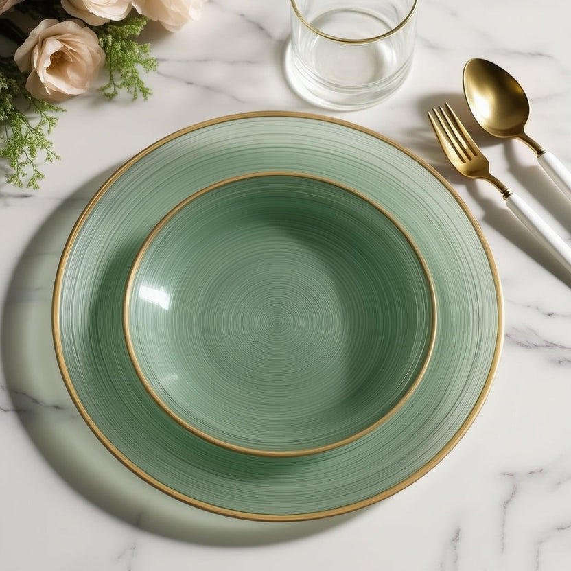 Plastic Plates 7" Round Sage Green w/ Gold Rim | eFavormart