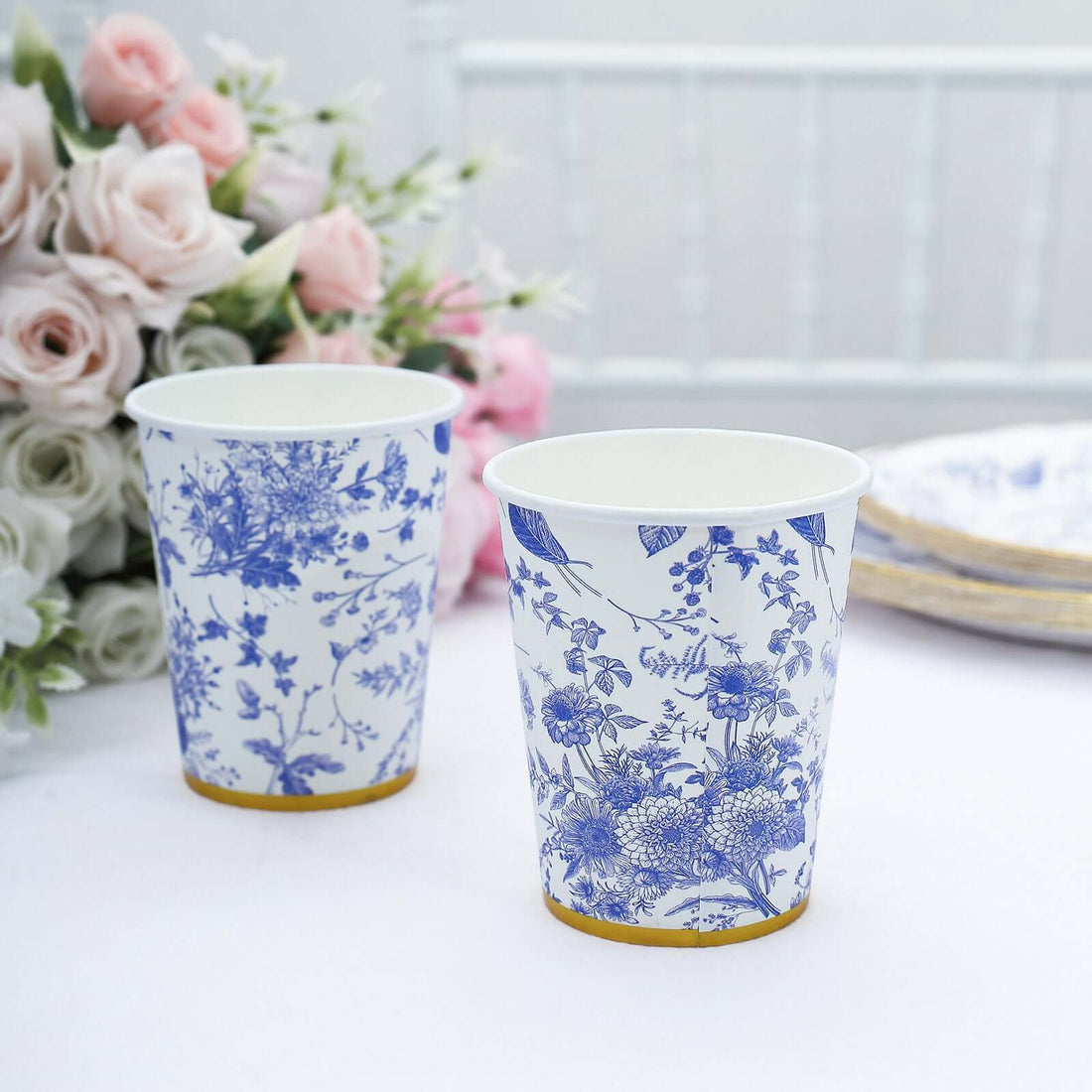 French Toile Paper Cups 9oz White/Light Blue | eFavormart