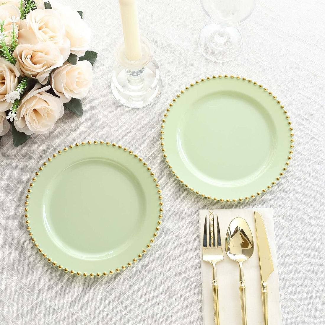 Plastic Beaded Rim Dessert Plates 8" Sage Green/Gold | eFavormart