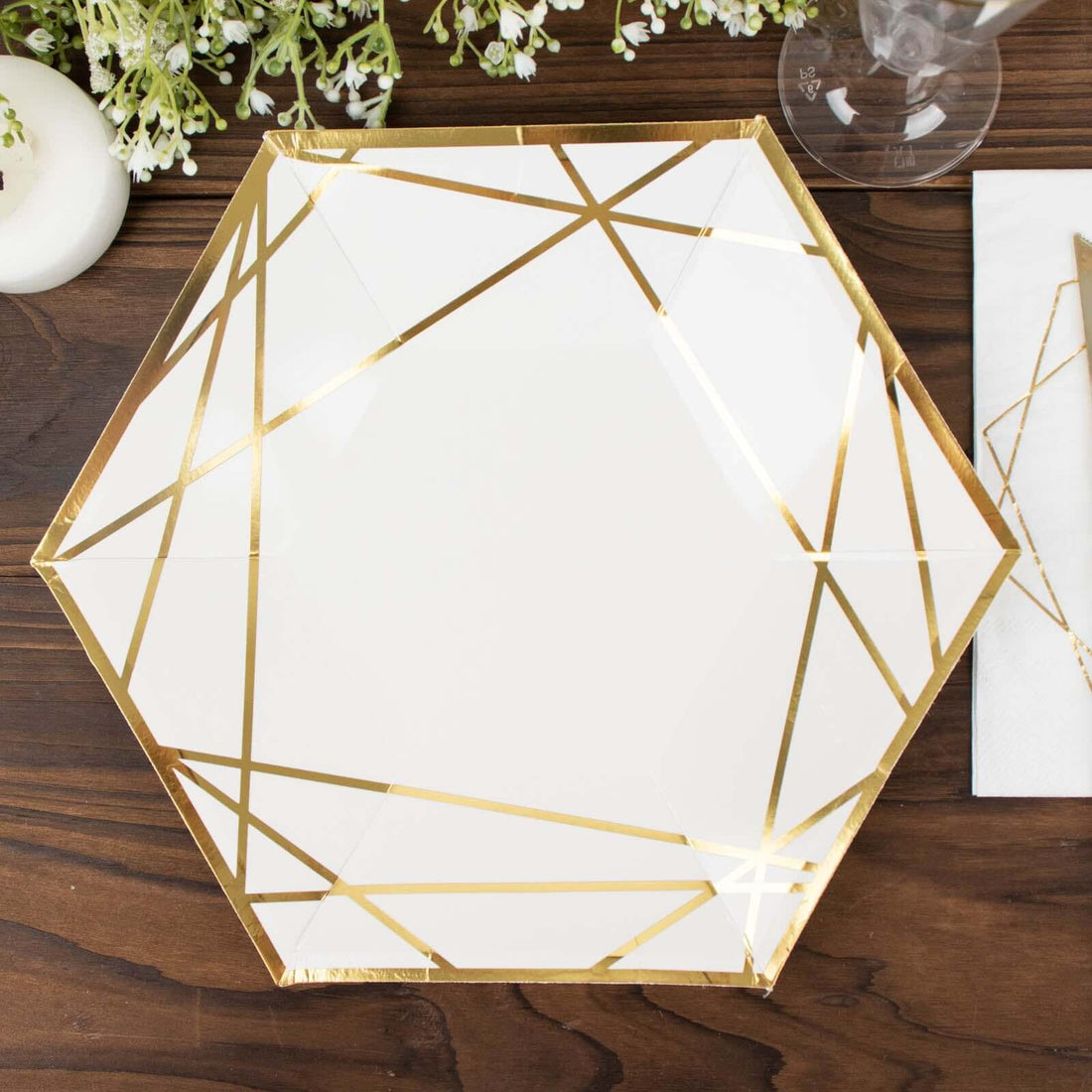 Paper Hexagon Geometric Dinner Plates 9" White/Gold | eFavormart