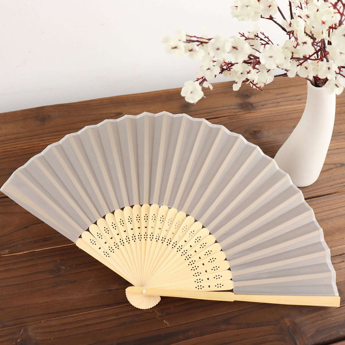 5-Pack Silver Asian Silk Folding Fans | eFavormart