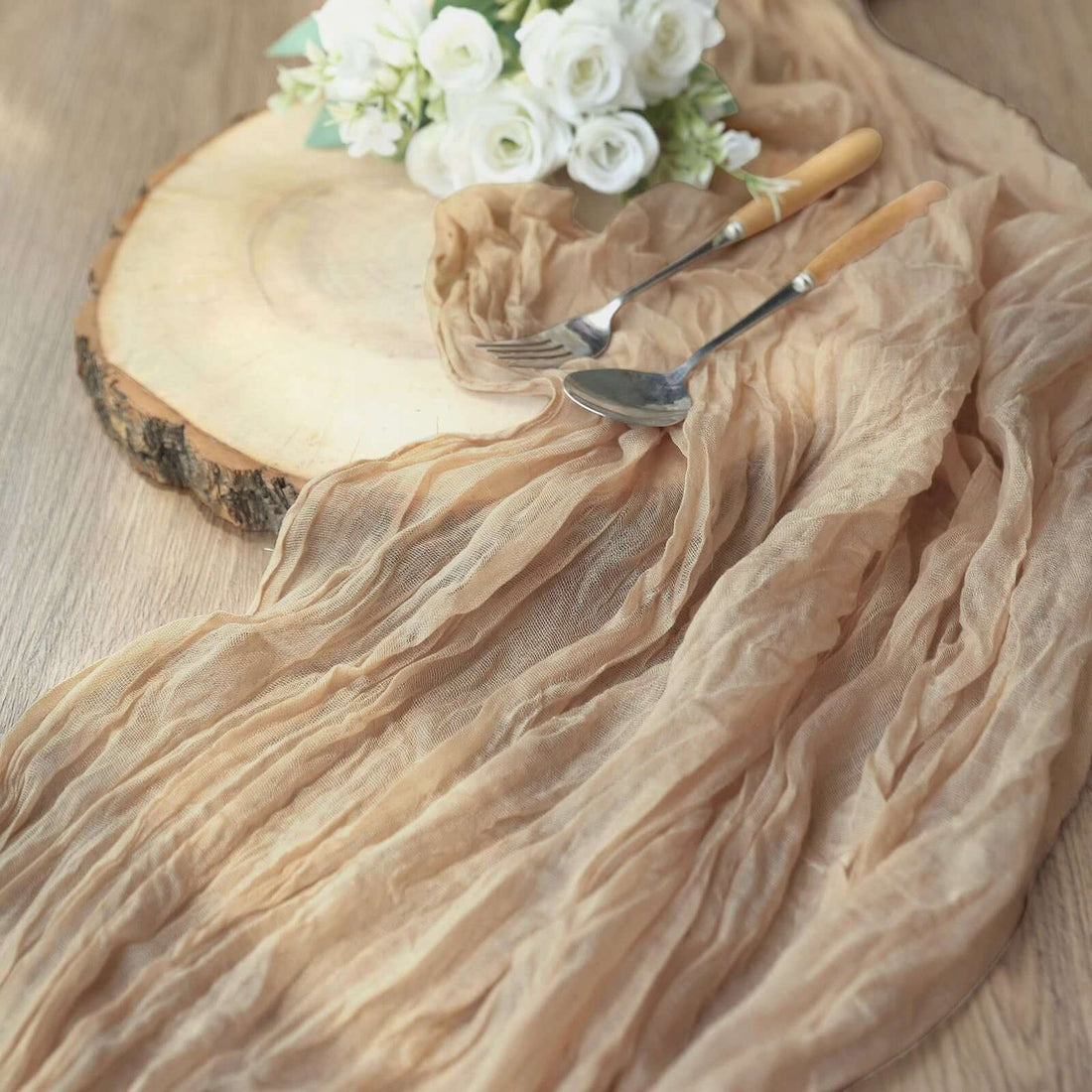 Cheesecloth Boho Table Runner 10ft Beige | eFavormart