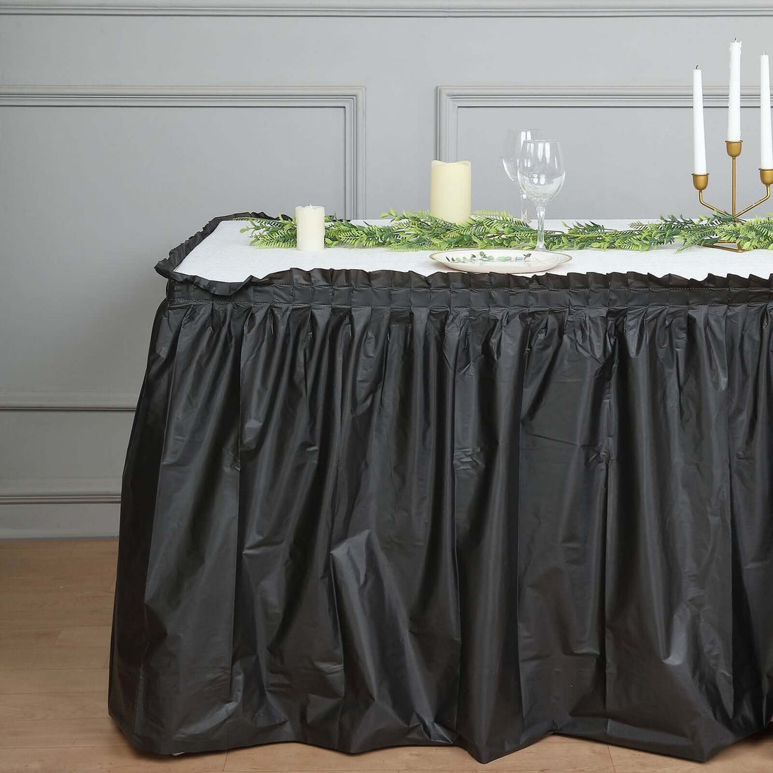 5 Pack Plastic Ruffled Table Skirts 14ft Black | eFavormart