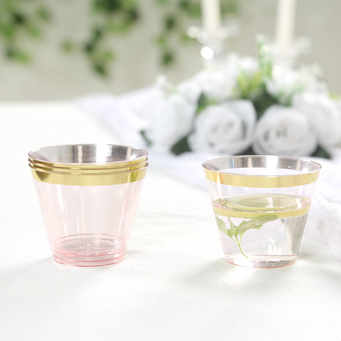 25pk Party Cups 9oz Plastic Gold Rim Blush | eFavormart