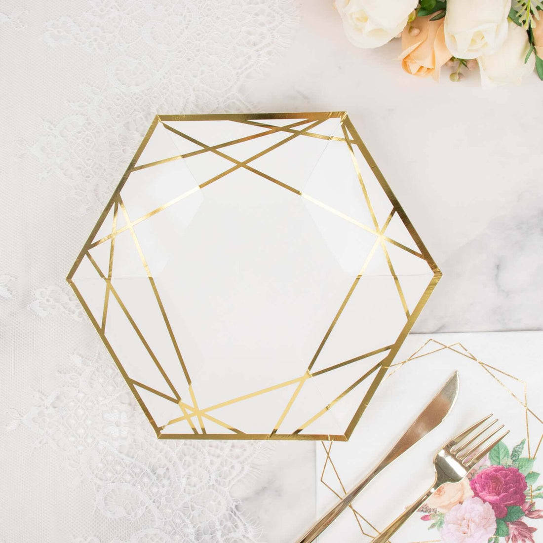 Paper Hexagon Geometric Dinner Plates 9" White/Gold | eFavormart