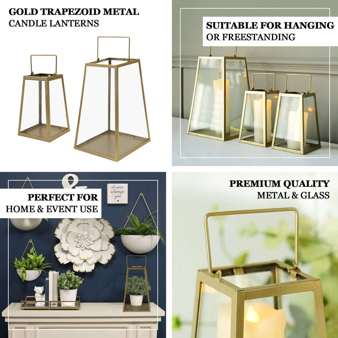 Trapezoid Metal Candle Lantern Gold 6" | eFavormart