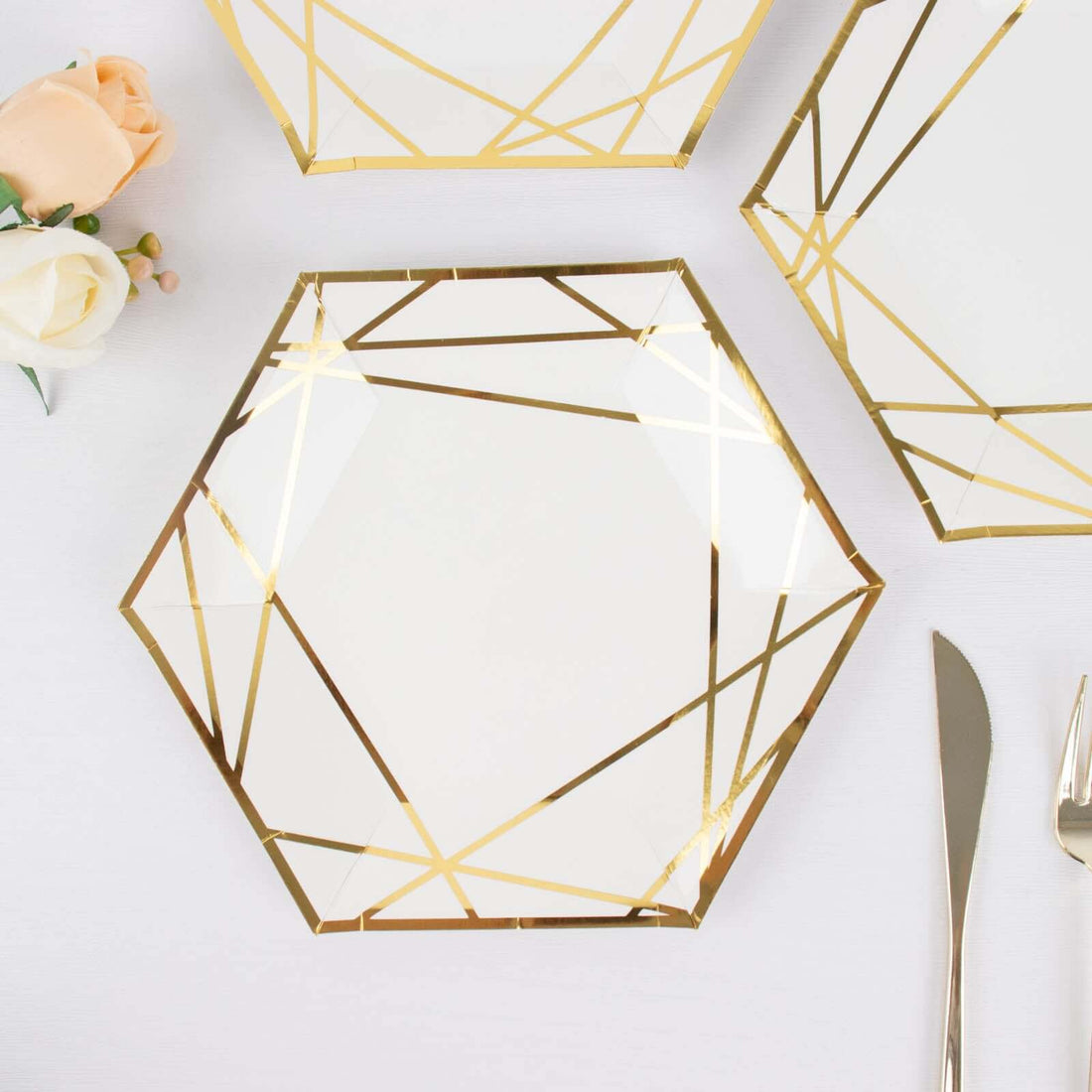 Paper Hexagon Geometric Dessert Plates 7" White/Gold | eFavormart