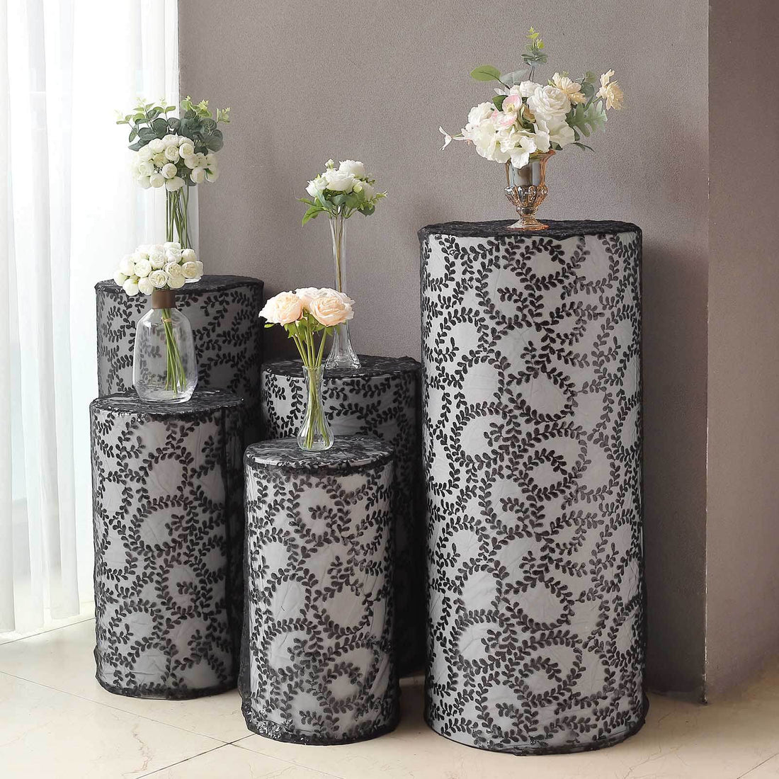 Black Sequin Mesh Cylinder Display Stand Covers Set | eFavormart