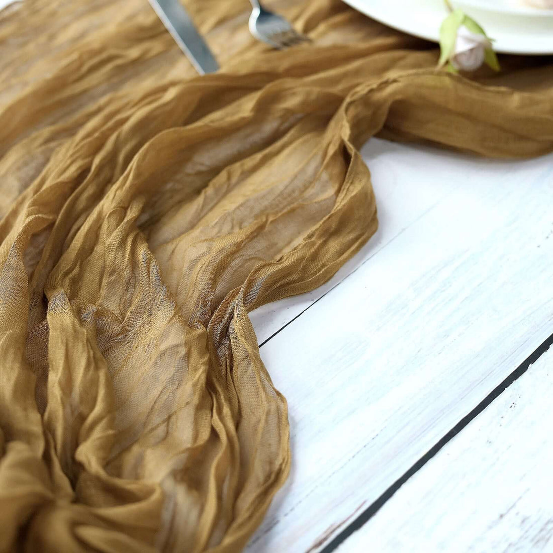 Cheesecloth Boho Table Runner 10ft Gold | eFavormart