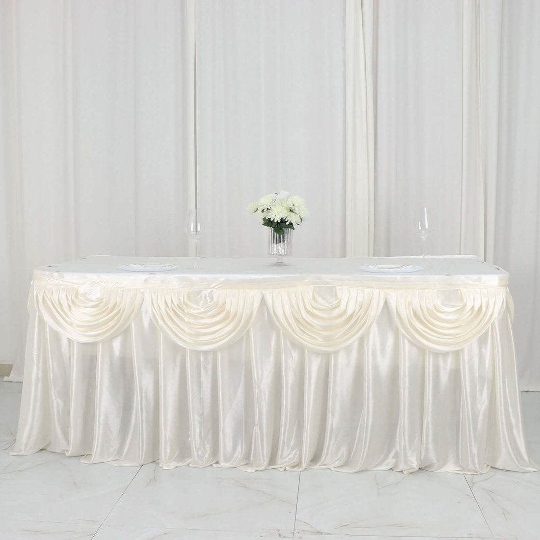Pleated Satin Table Skirt 14ft Ivory | eFavormart