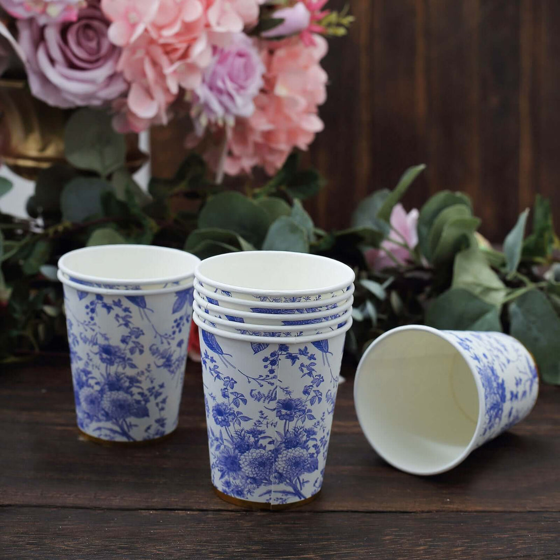 French Toile Paper Cups 9oz White/Light Blue | eFavormart