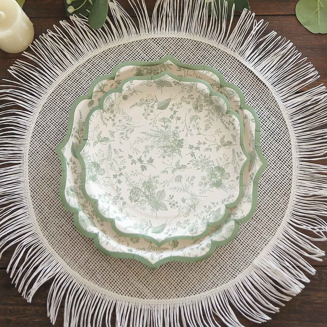 French Toile Dessert Plates Sage Green Scalloped Rim 8" | eFavormart