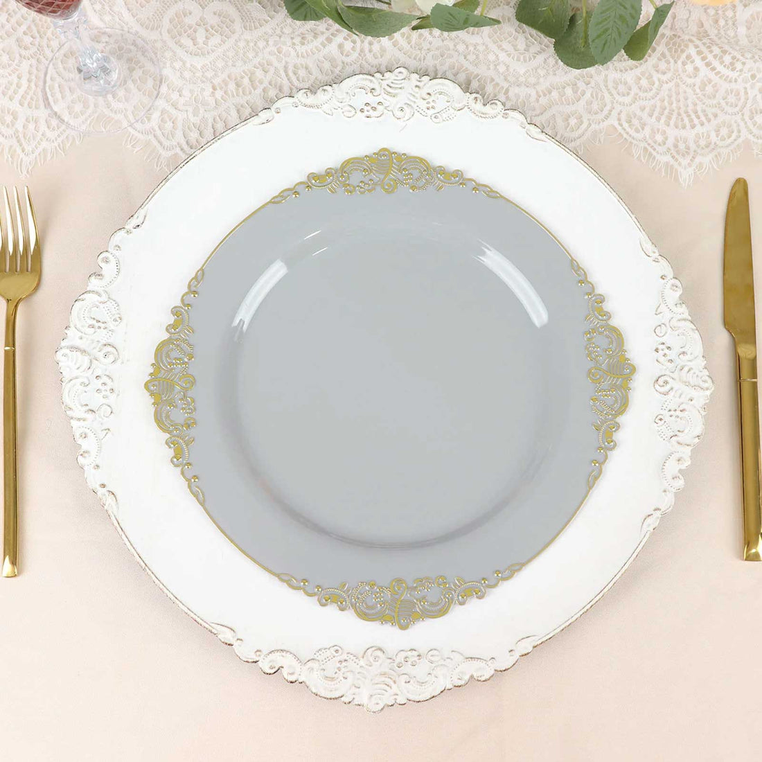 Leaf Embossed Rim Plastic 10" Dinner Plates Gray/Gold | eFavormart