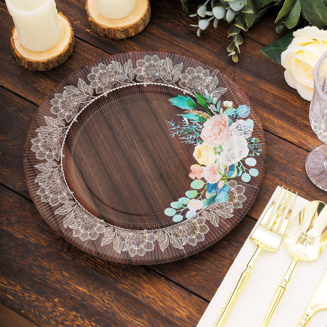Paper Round Dessert Plates 8" Brown Wood Print | eFavormart