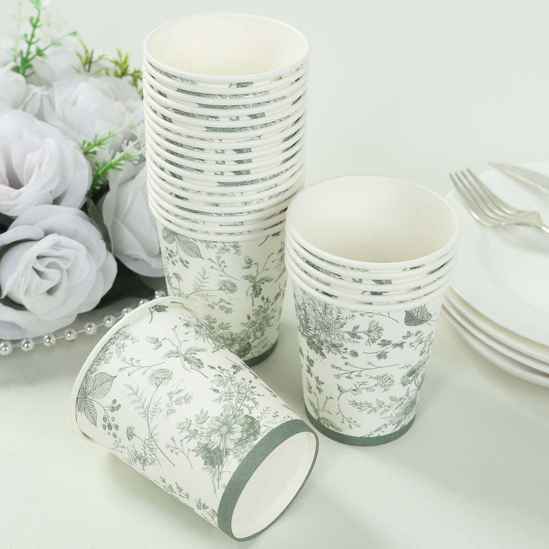French Toile Paper Cups 9oz White/Sage Green | eFavormart