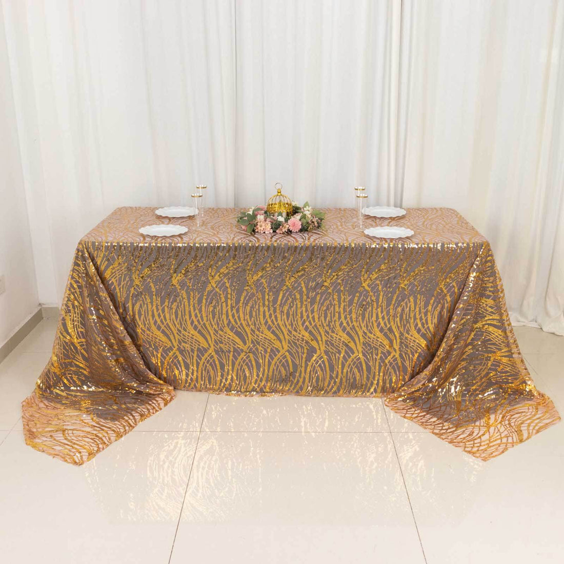 Sequins Tablecloth 90"x156" Rose Gold/Gold | eFavormart