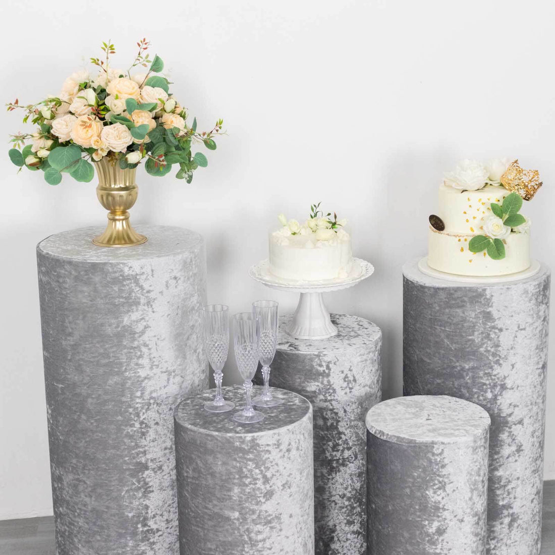 5 Silver Crushed Velvet Cylinder Pillar Prop Covers | eFavormart