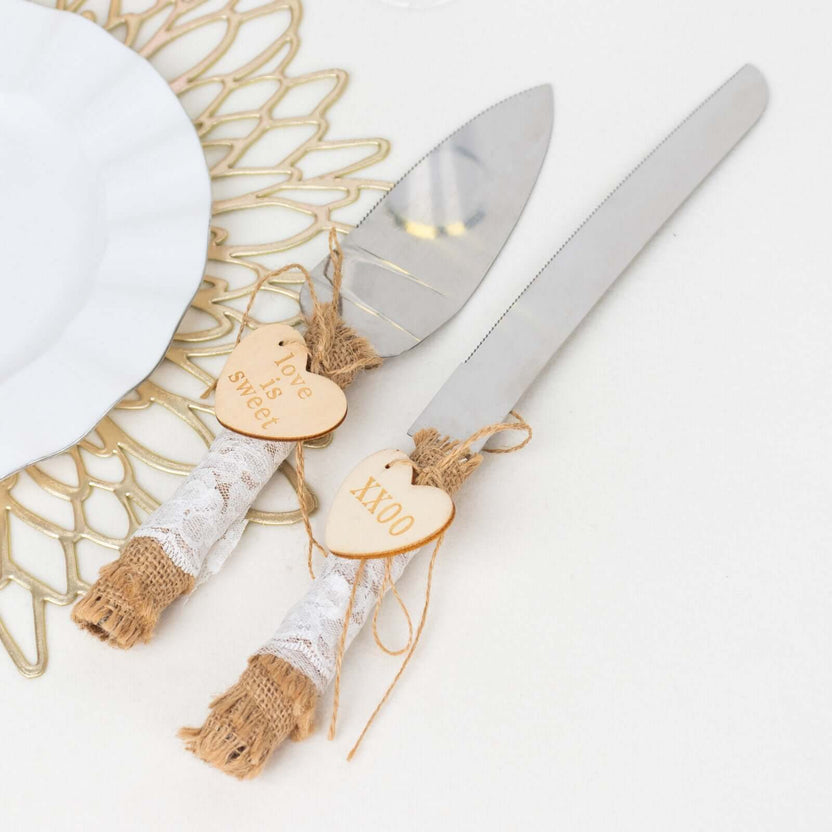 Rustic Jute Lace Cake Knife & Server Set | eFavormart