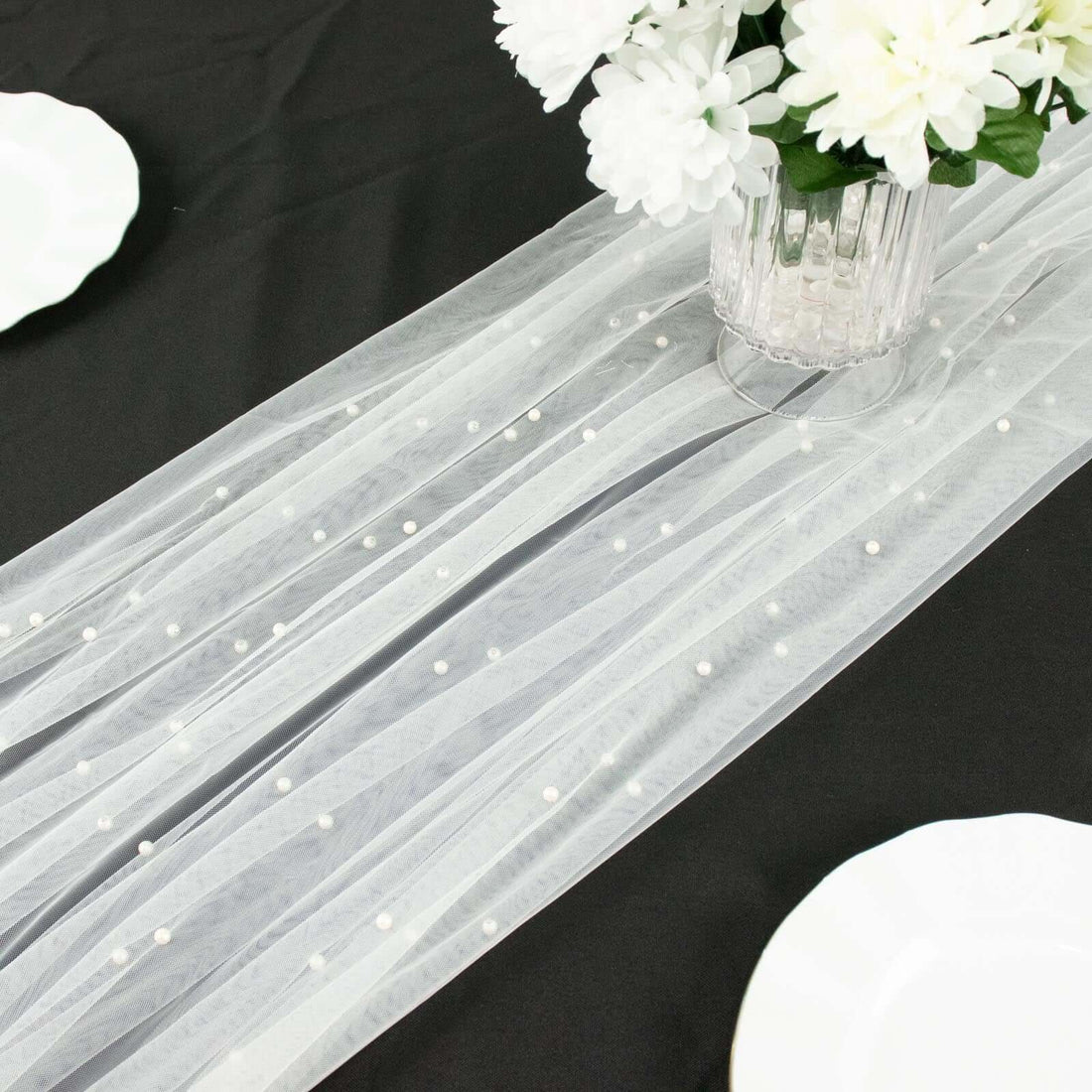Pearl Embellished Tulle Table Runner 8"x120" White | eFavormart