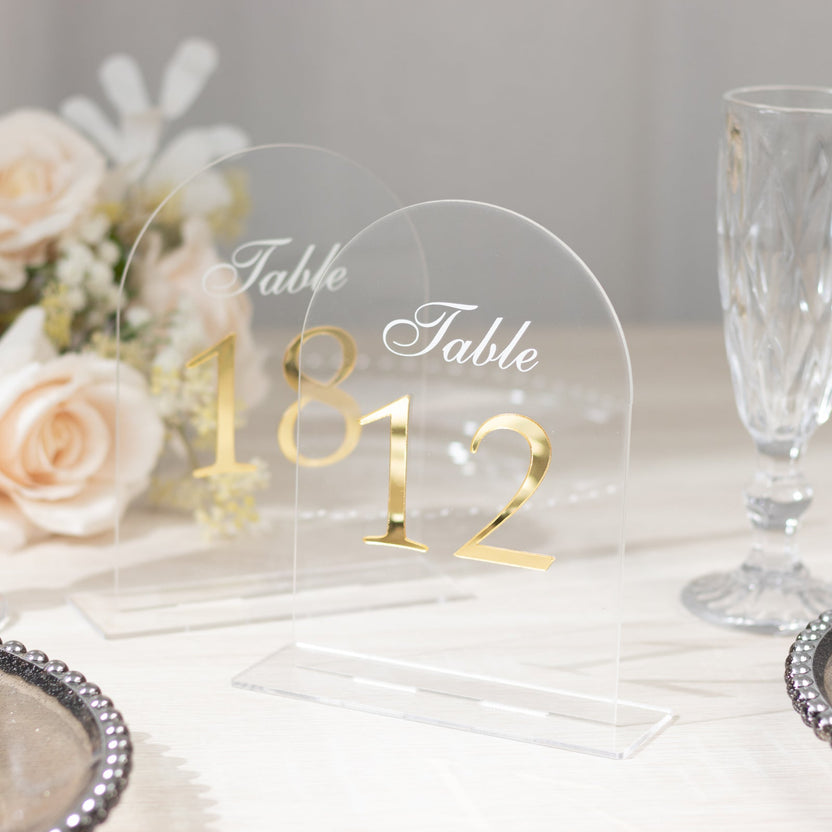 Clear Acrylic Arch Table Numbers – Gold Print | eFavormart