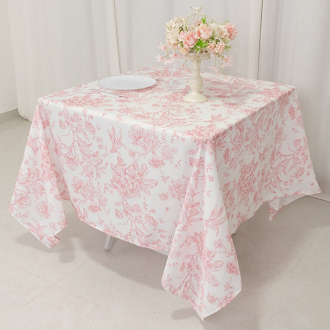 70" Pink Square Toile Polyester Tablecloth | eFavormart
