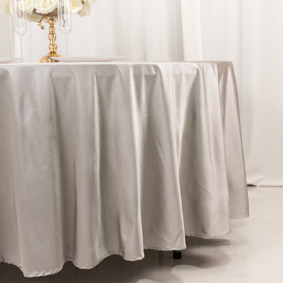 Premium Scuba Round Tablecloth 108" Silver | eFavormart