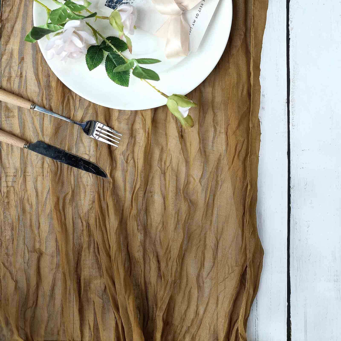Cheesecloth Boho Table Runner 10ft Gold | eFavormart