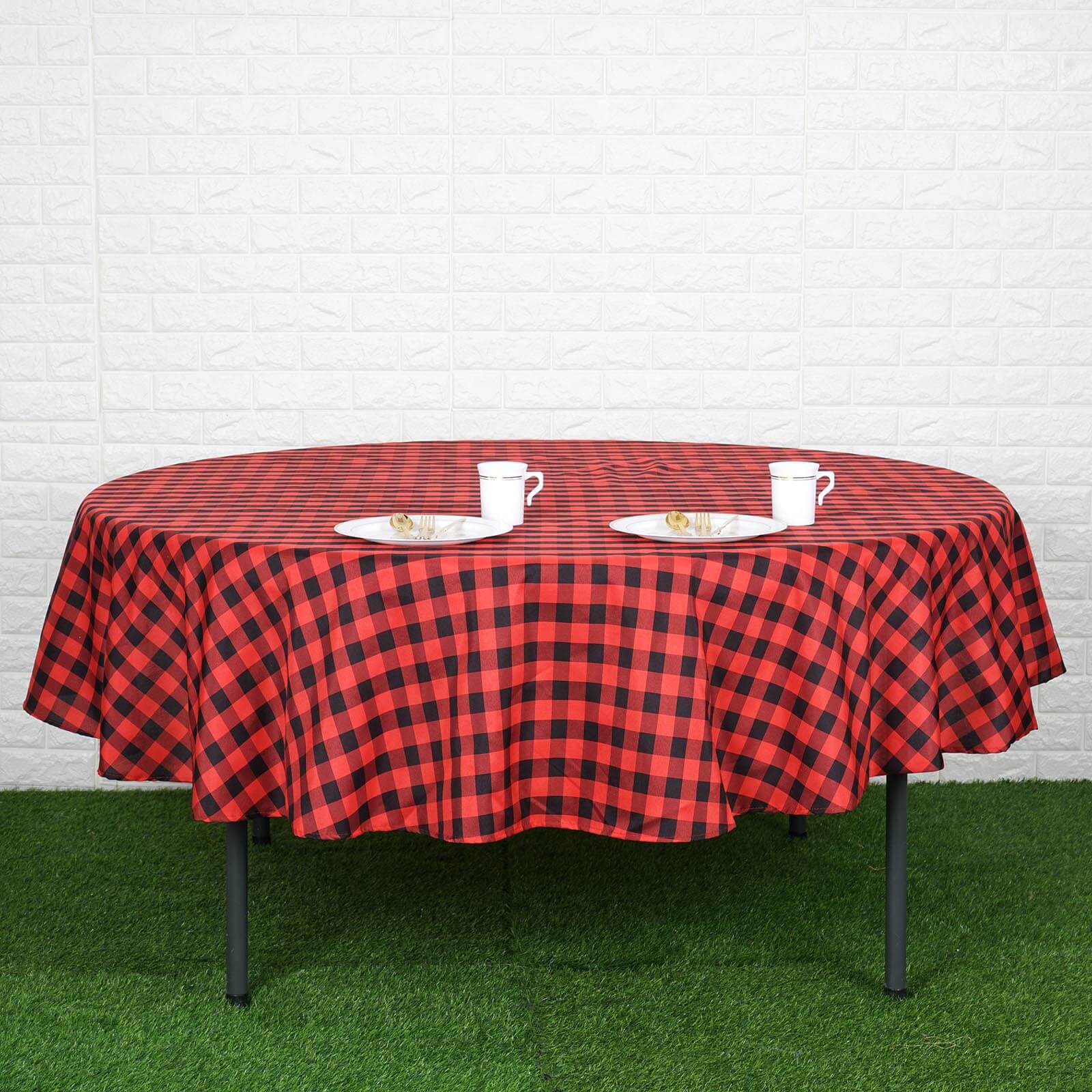 90 In Black-Red Buffalo Plaid Round Tablecloth | eFavormart.com