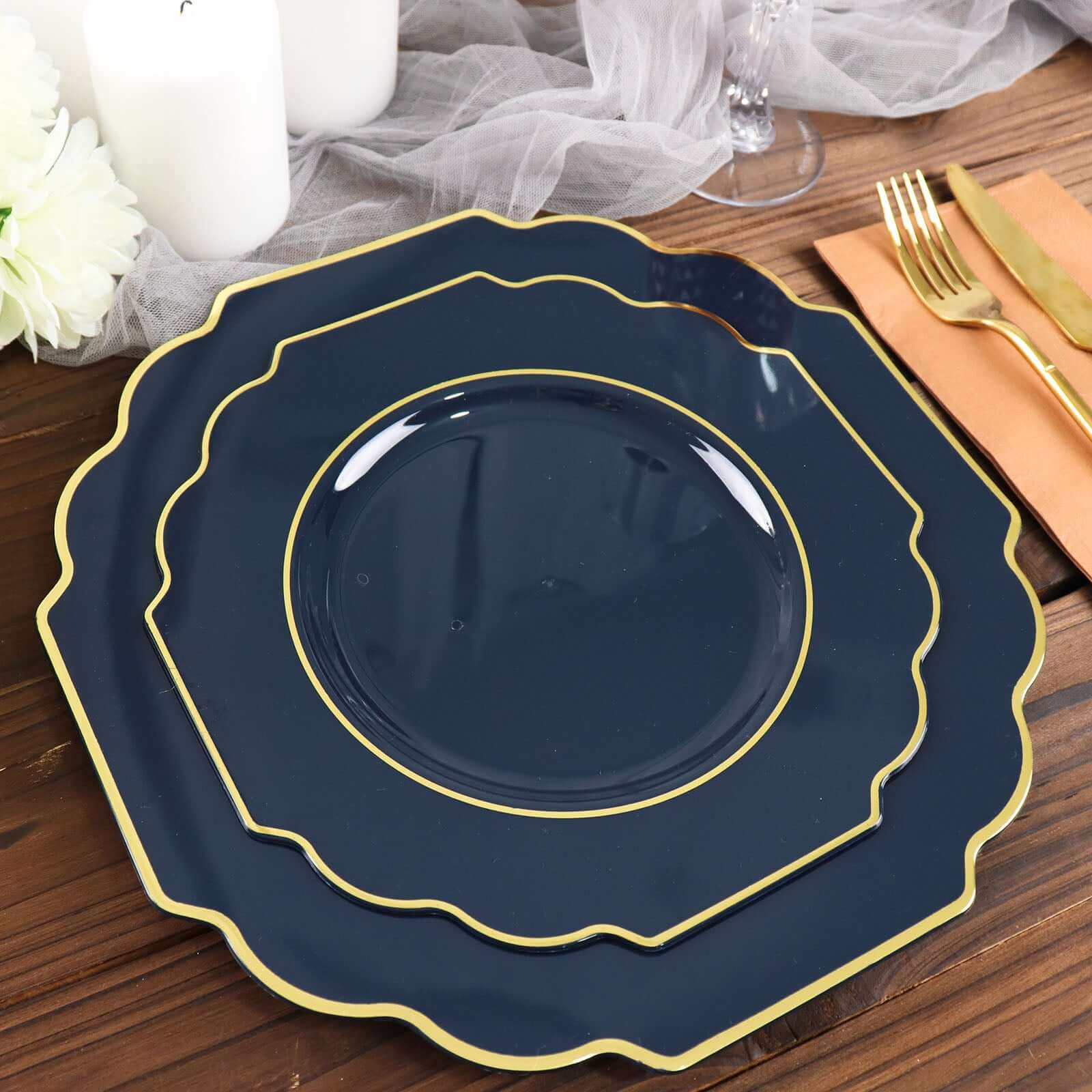 10-Pack 11" Navy Blue Dinner Plates with Gold Rim | eFavormart.com
